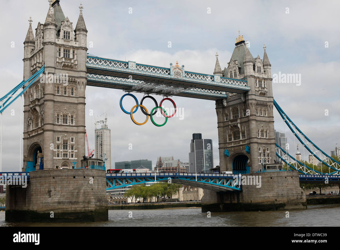 Giant set of Olympic rings are displayed from Tower Bridge on June 27 ...