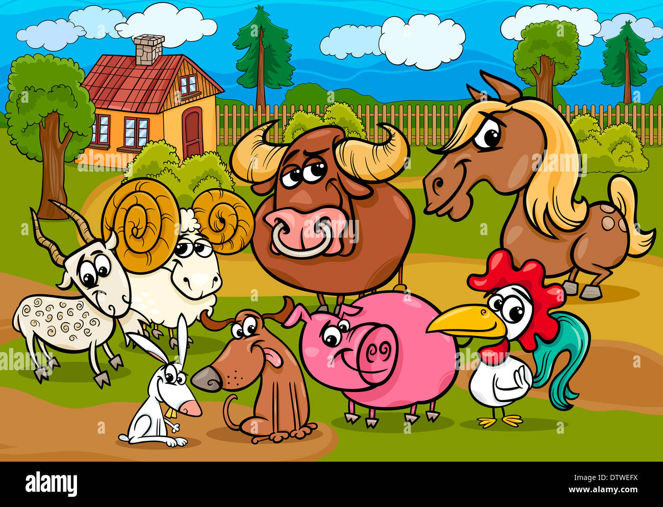 Cartoon Illustration of Country Rural Scene with Farm Animals Livestock ...