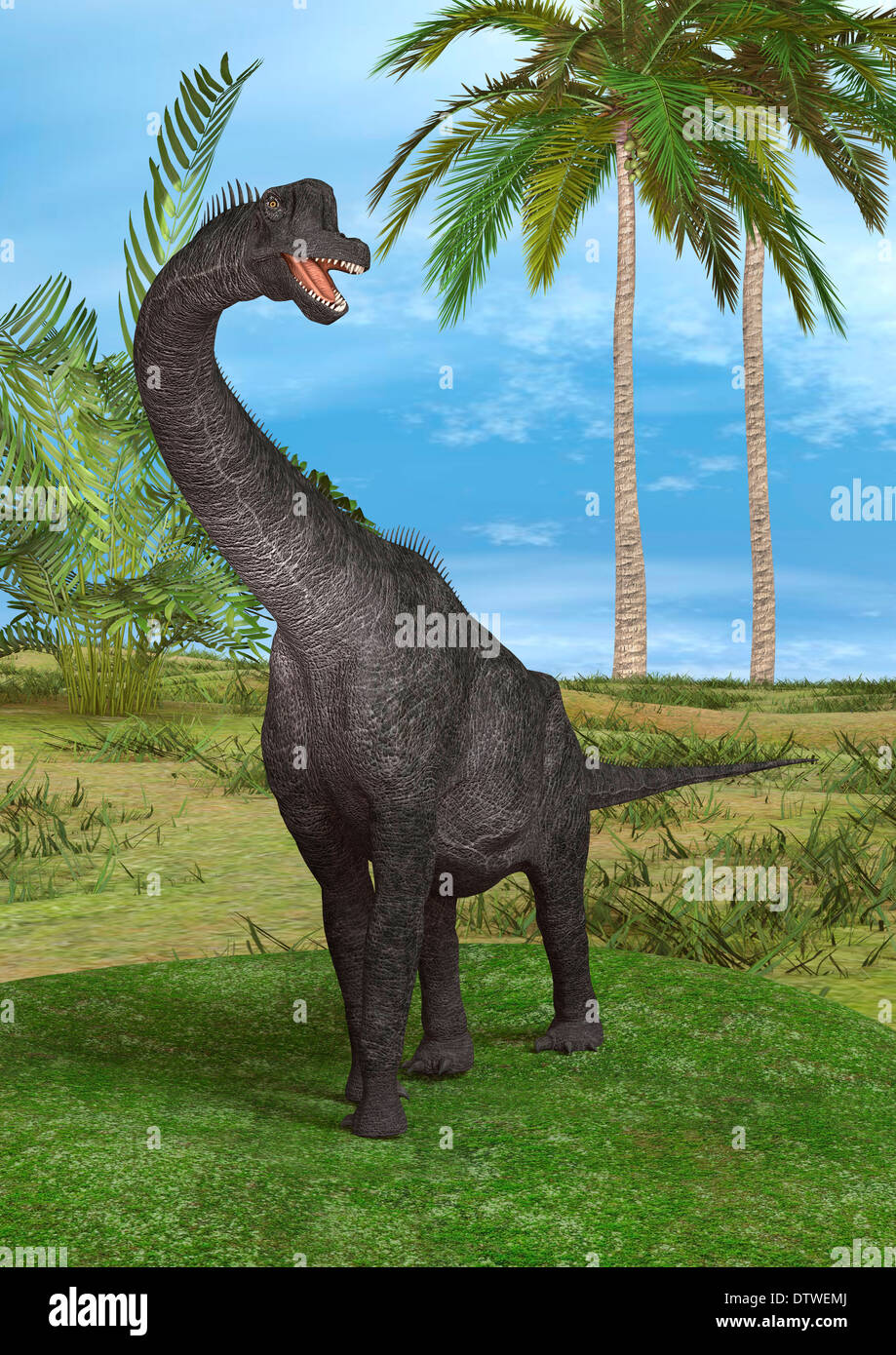 3D digital render of a dinosaur Brachiosaurus on background of blue sky ...