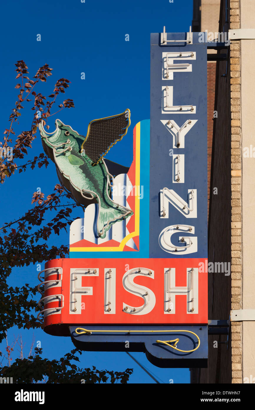 USA, Arkansas, Little Rock, Flying Fish seafood restaurant, sign Stock ...