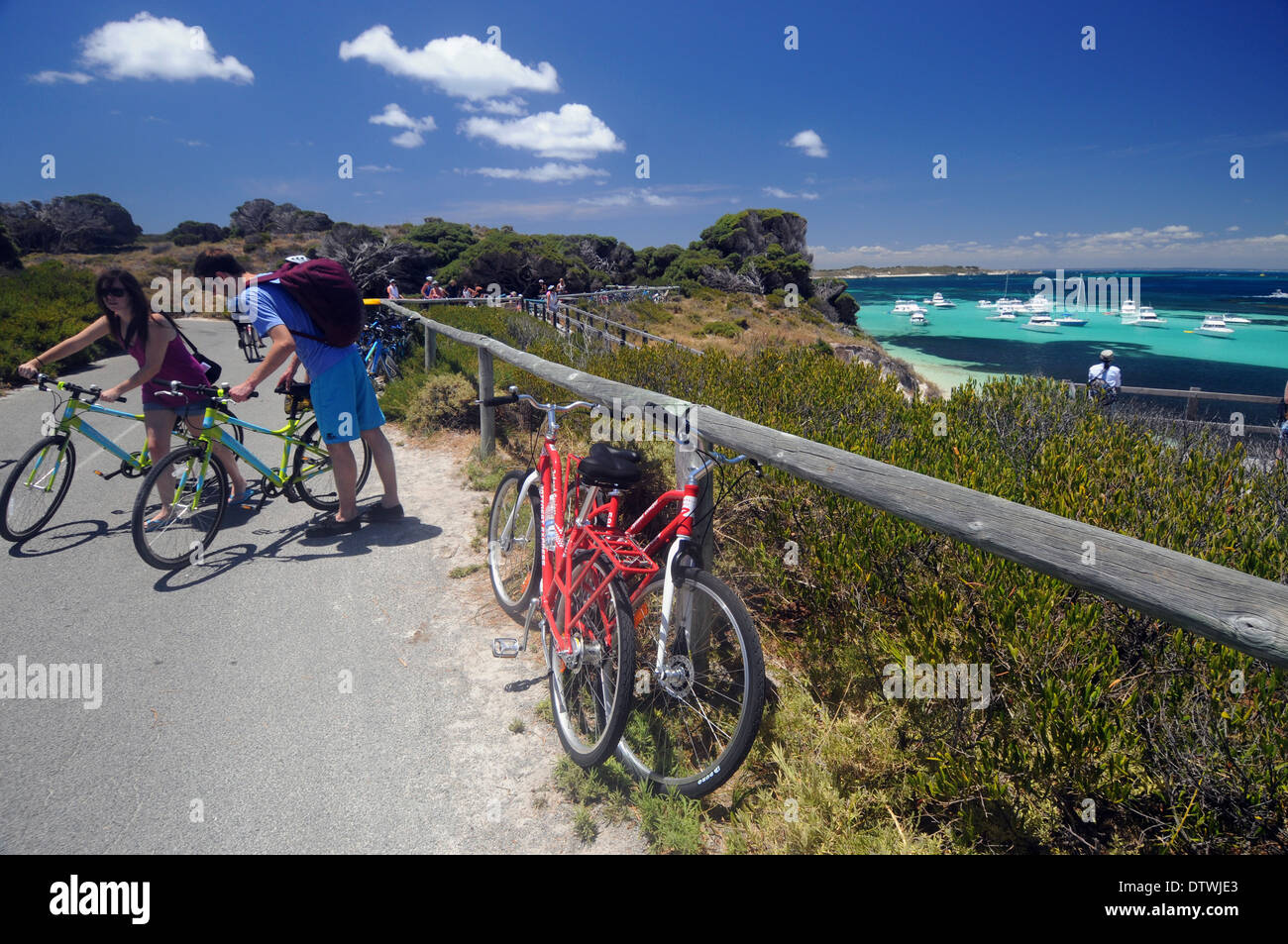 Tourists on bicycles at Parker Point, Rottnest Island, Western ...