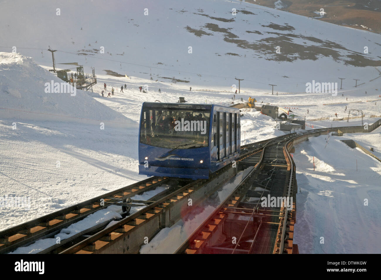 Cairngorms,UK,24th February 2014, Two trains pass each other on the funicular railway on the ...