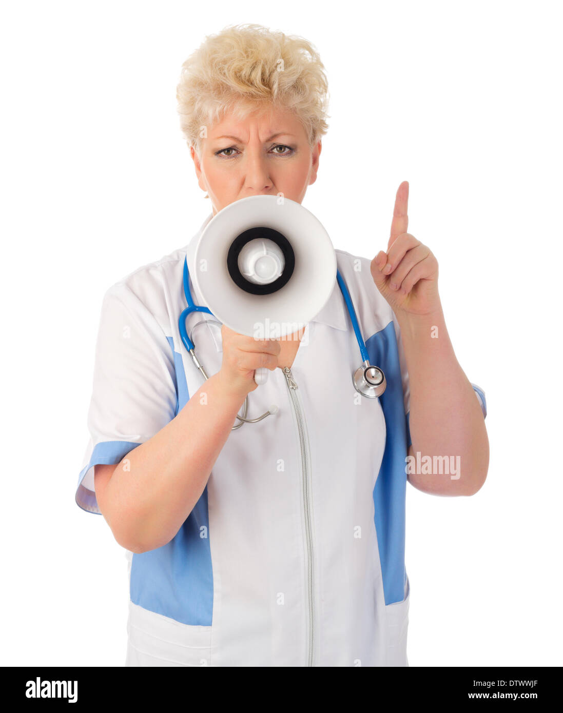 Mature doctor with bullhorn isolated Stock Photo - Alamy
