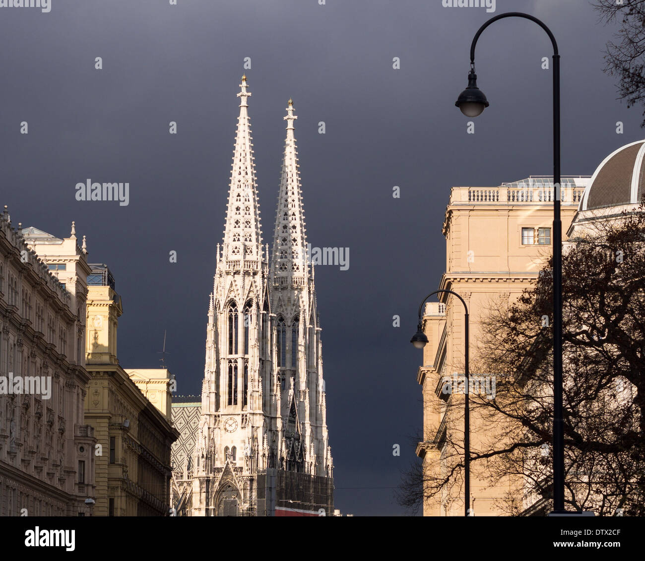 Votive Twin Towers with Streetlights. Bright stone filigreed towers of ...