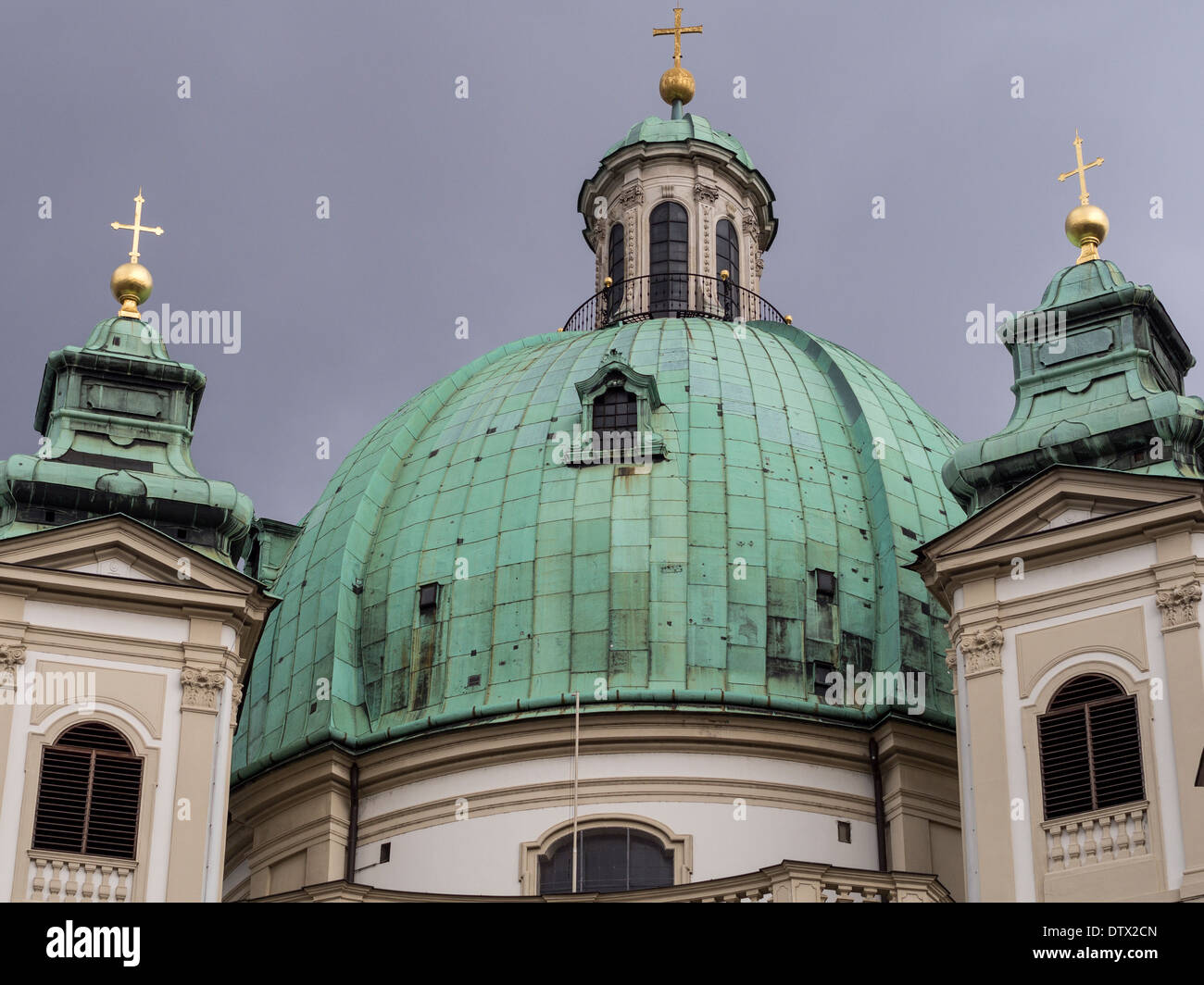The dome and towers of Sankt Peterskirche Wein. Each topped with a ...