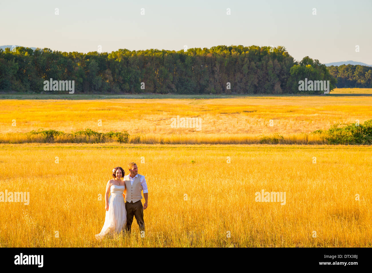 Wedding couple shares a romantic moment in a field or meadow at sunset ...