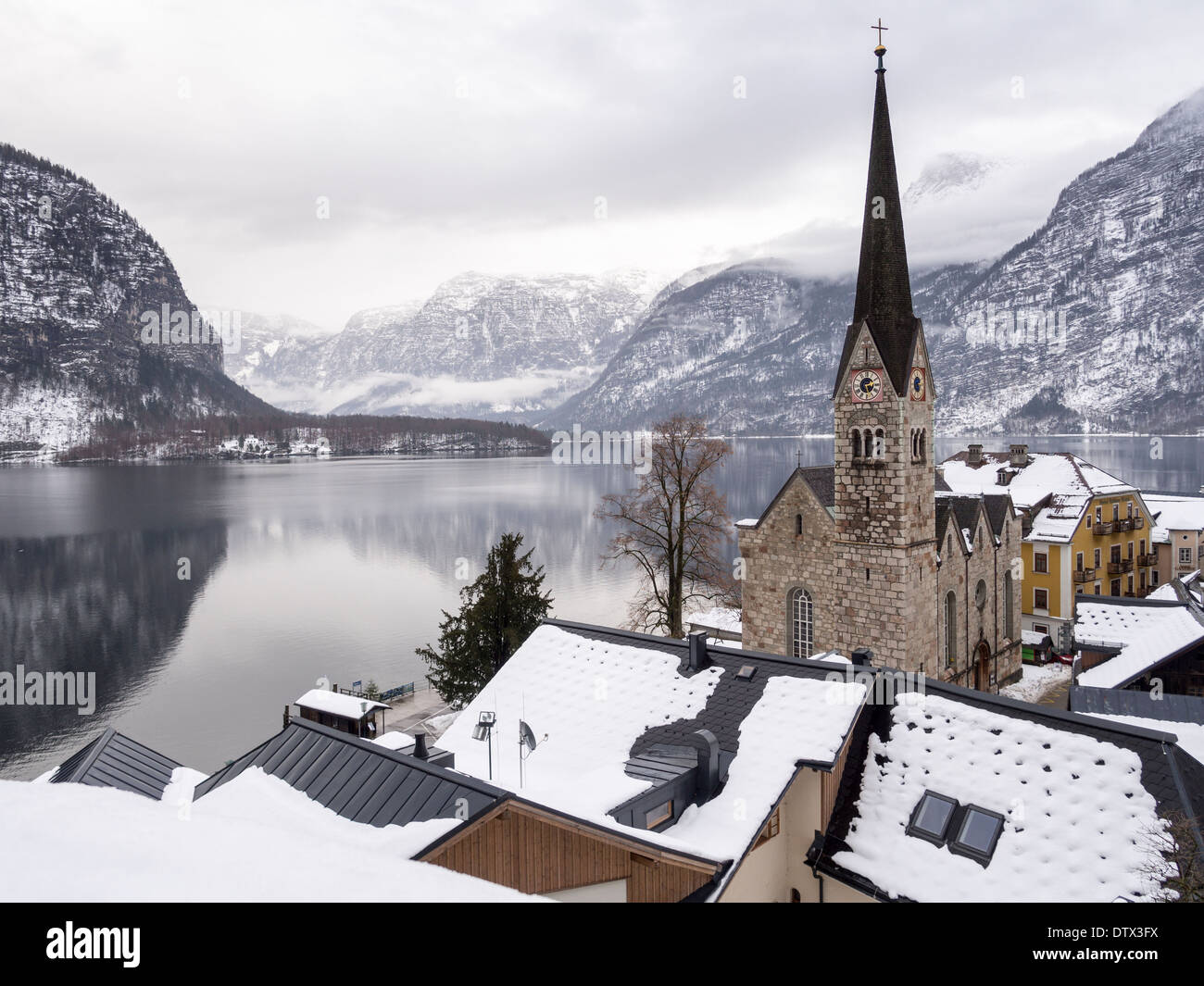Hallstatt Lutheran Church. The stone church with its high spire with ...