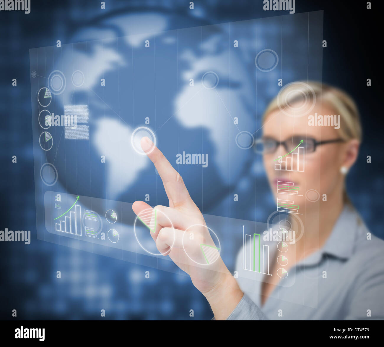 Businesswoman pointing touch screen Stock Photo - Alamy