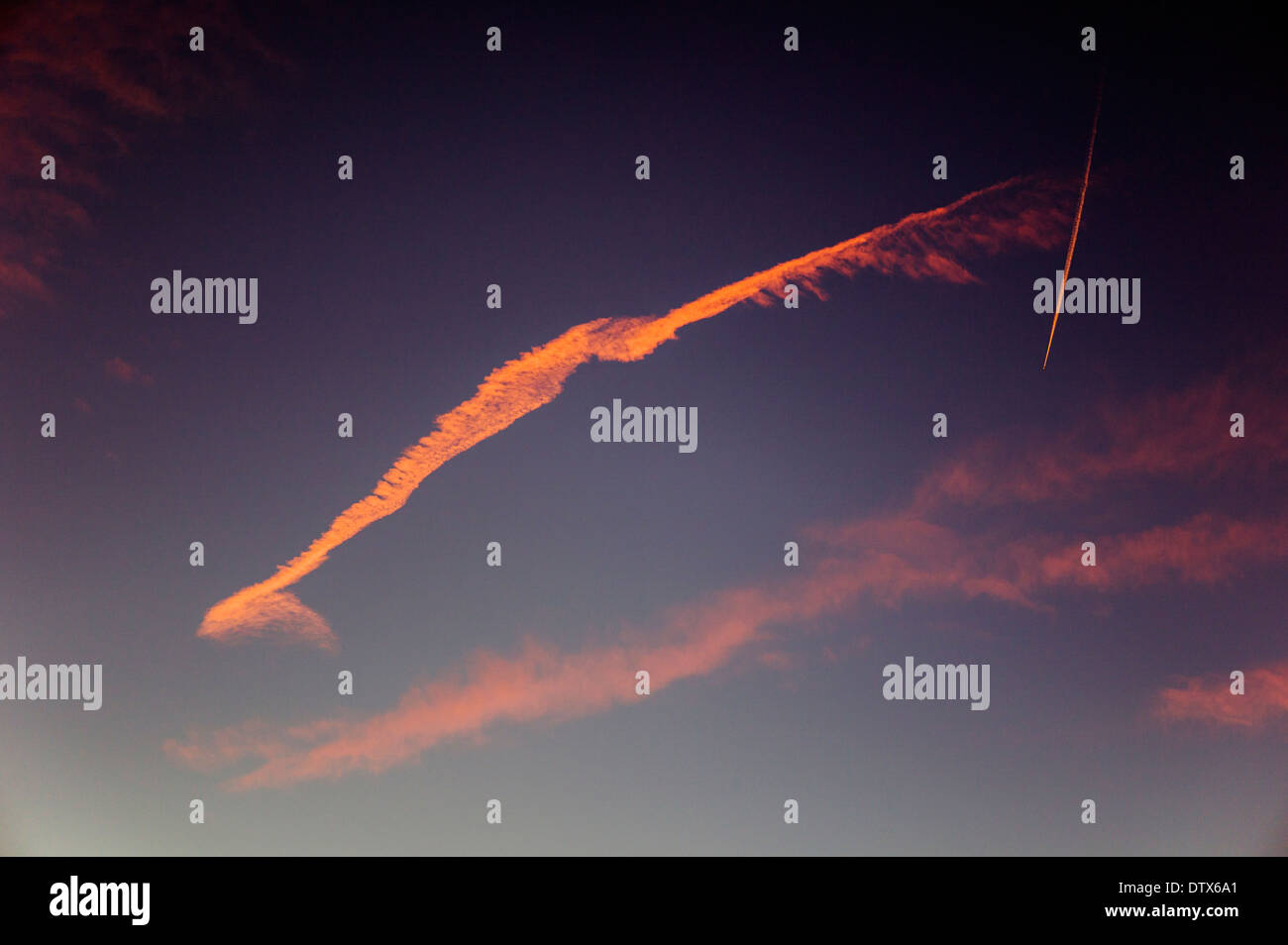 Jet contrails and pink clouds against blue sunset sky in Colorado, USA ...