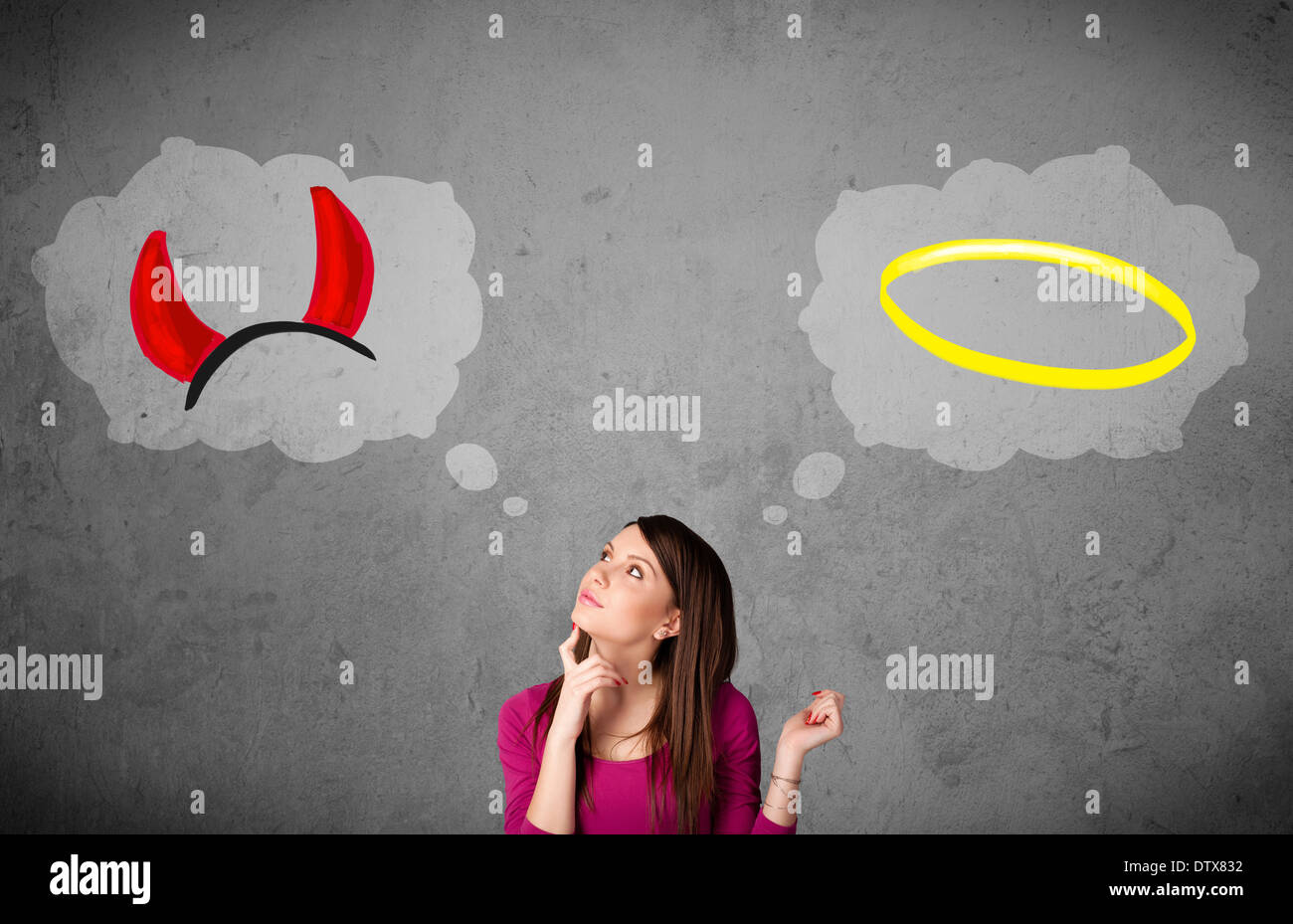 Woman choosing between good and bad Stock Photo - Alamy
