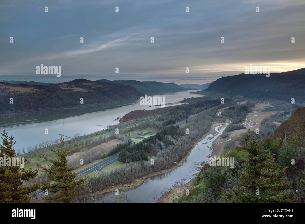 Columbia River Gorge and Highway Interstate 84 at Early Morning Sunrise ...