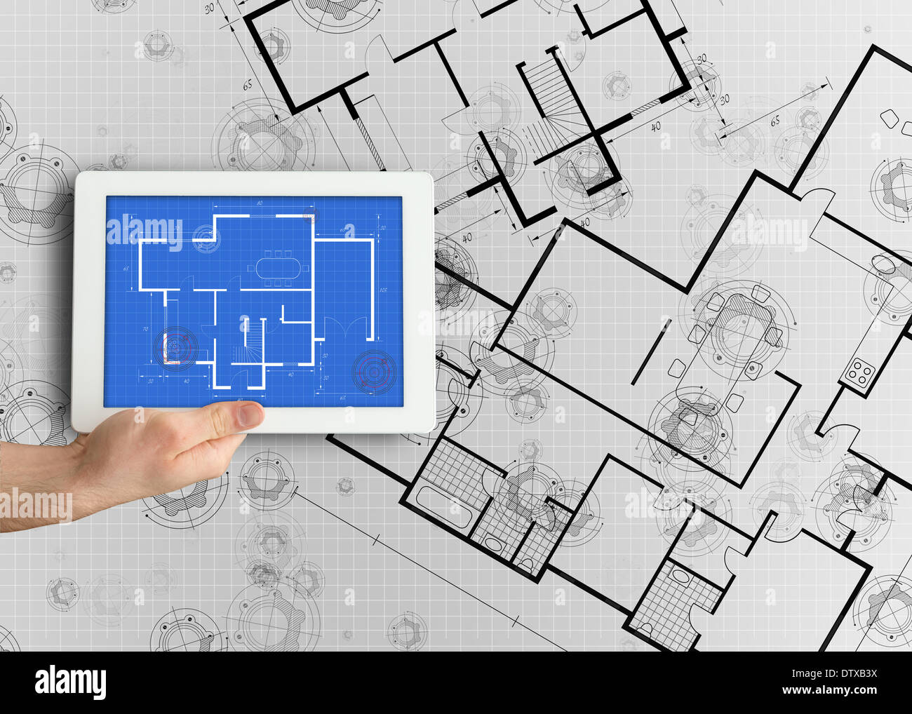 Digital tablet displaying blueprint Stock Photo - Alamy