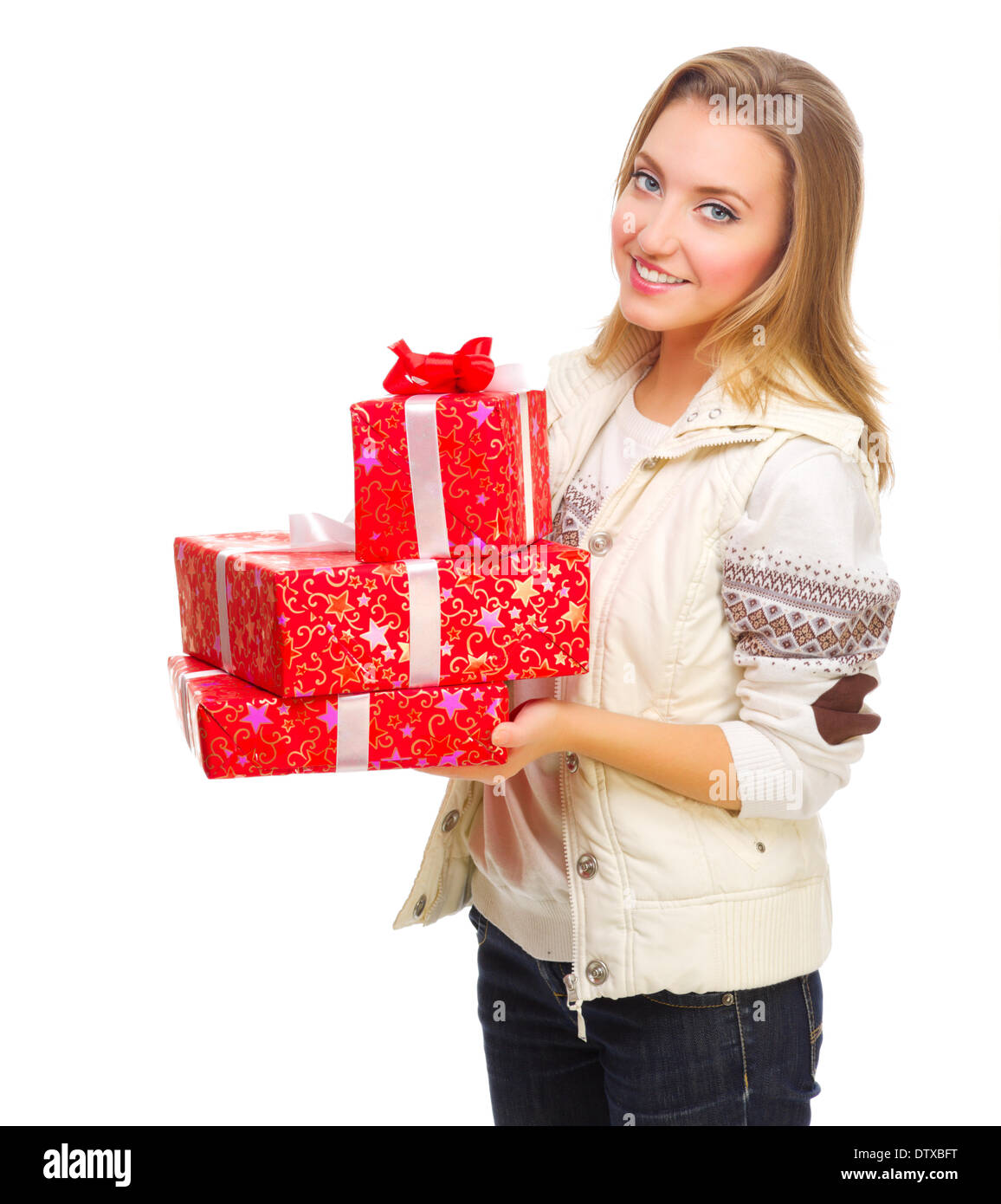 Young girl with gift boxes isolated Stock Photo - Alamy