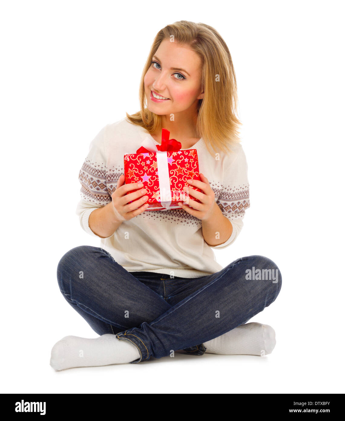 Young girl with gift box isolated Stock Photo - Alamy