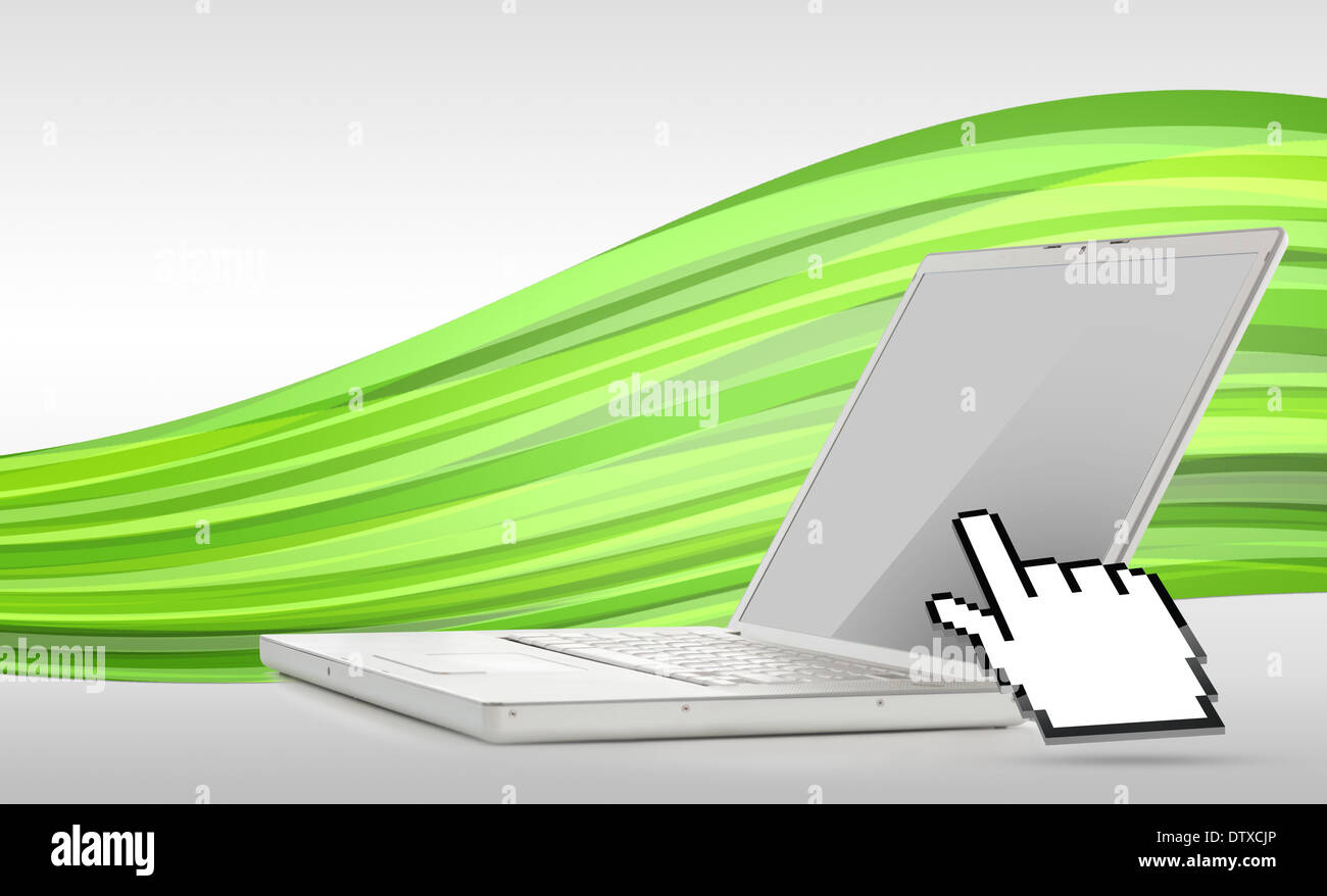 Hand icon pointing to open laptop Stock Photo - Alamy
