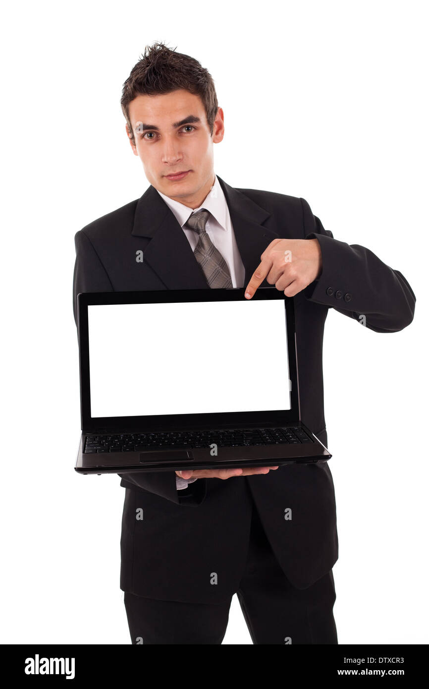 Business man pointing at a laptop Stock Photo - Alamy