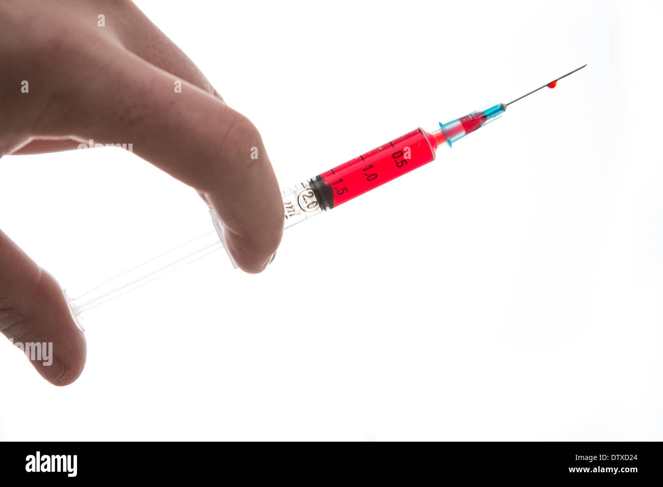 Hand holding syringe of blood Stock Photo - Alamy