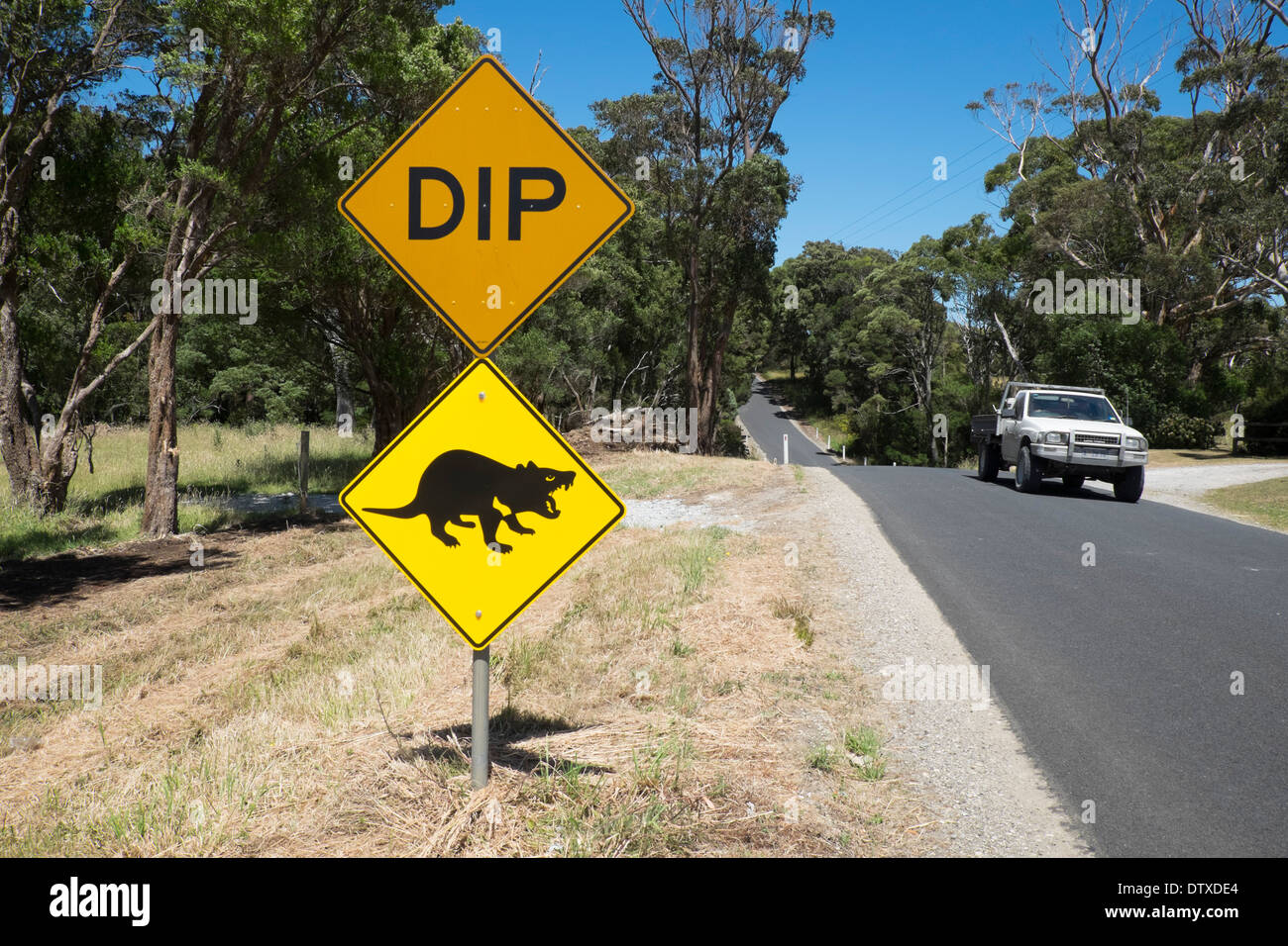 Tasmanian devil road signs near Marrawah, Arthur River, Tasmania Stock ...