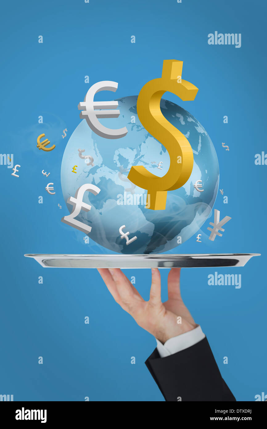 Waiter presenting the world and currency Stock Photo - Alamy
