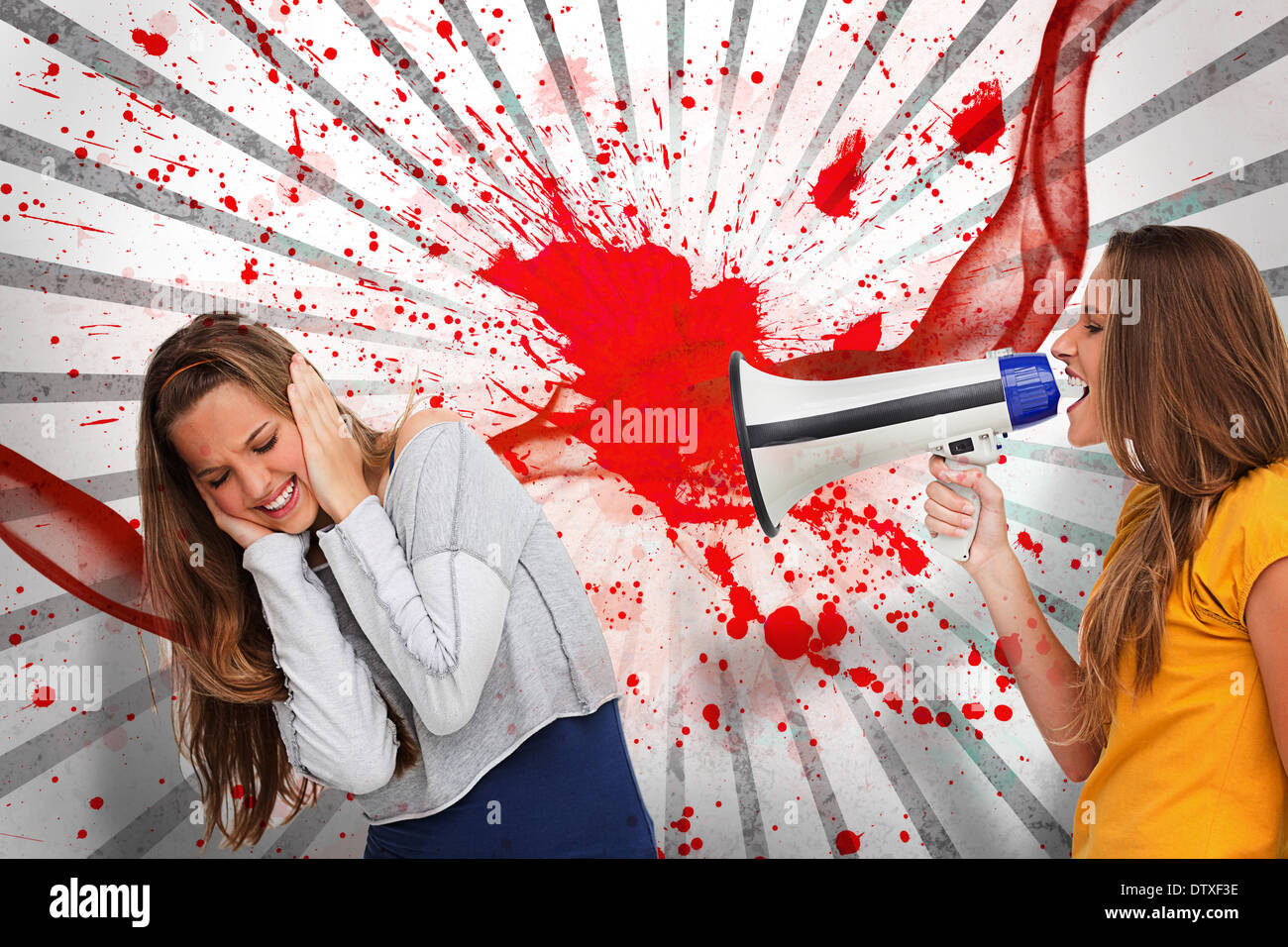 Girl shouting at friend through a megaphone Stock Photo - Alamy