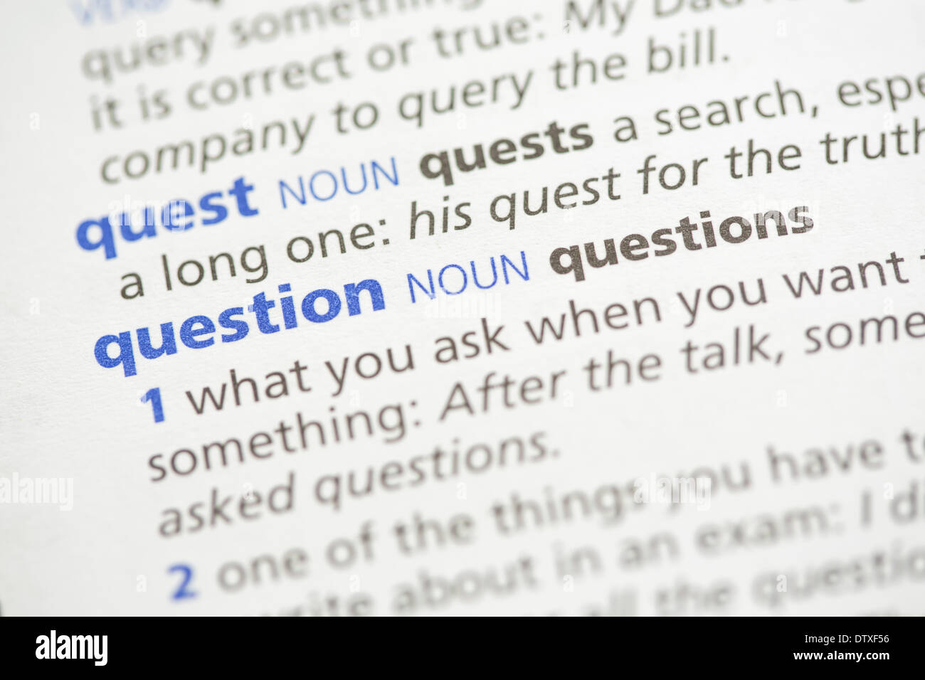Quest and question definition Stock Photo - Alamy