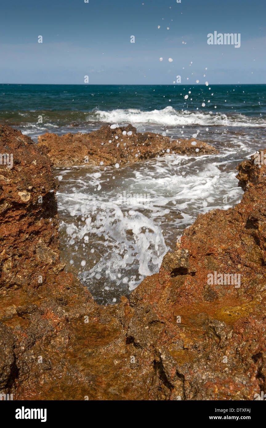 Salt forming on rocks after evaporation of sea water. Spain Stock Photo ...