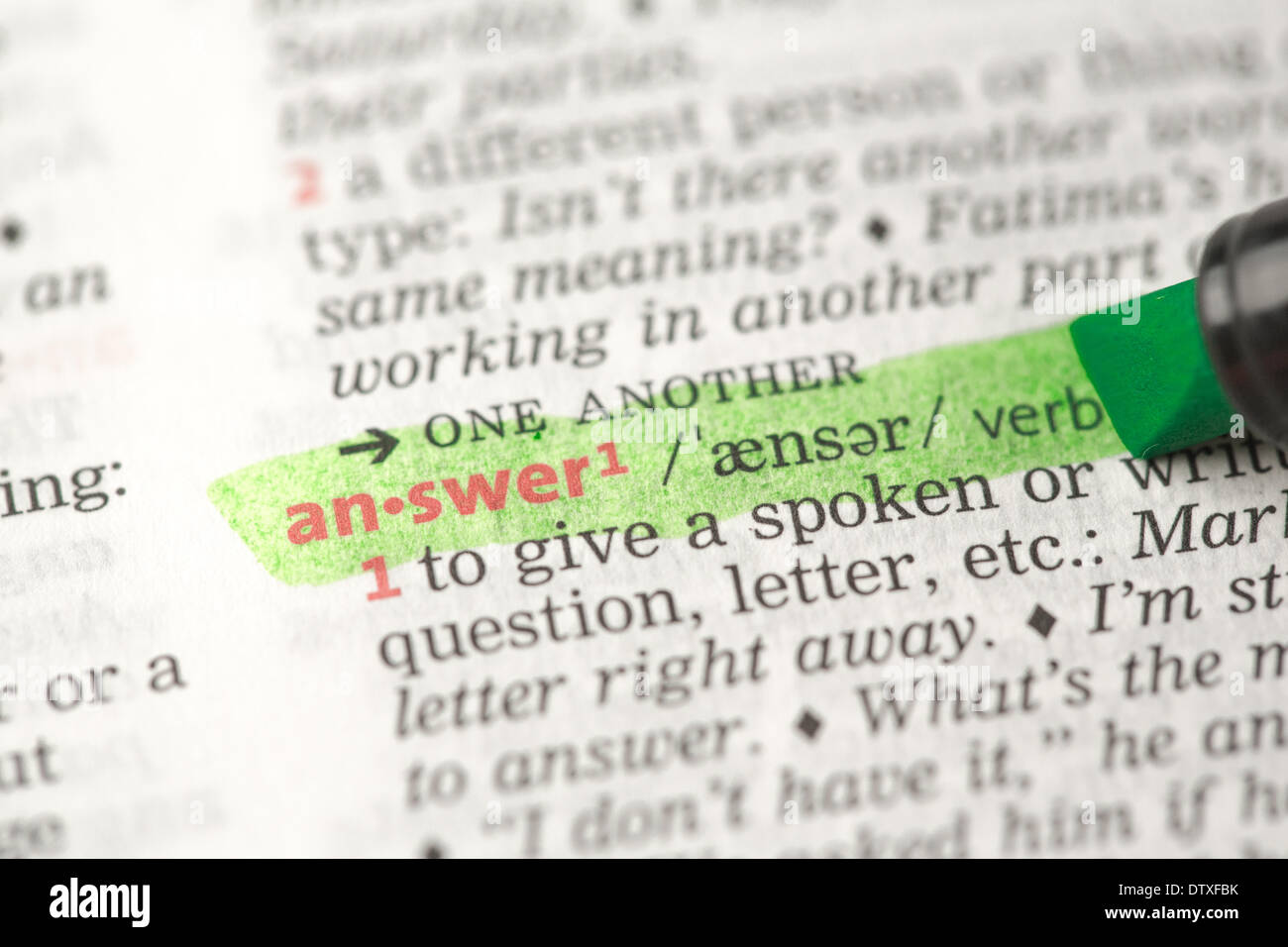 Highlighted definition of answer Stock Photo - Alamy