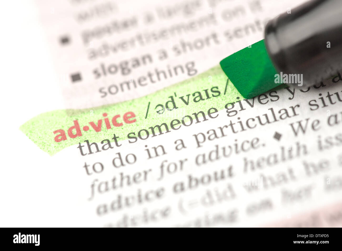 Advice definition highlighted in green Stock Photo - Alamy