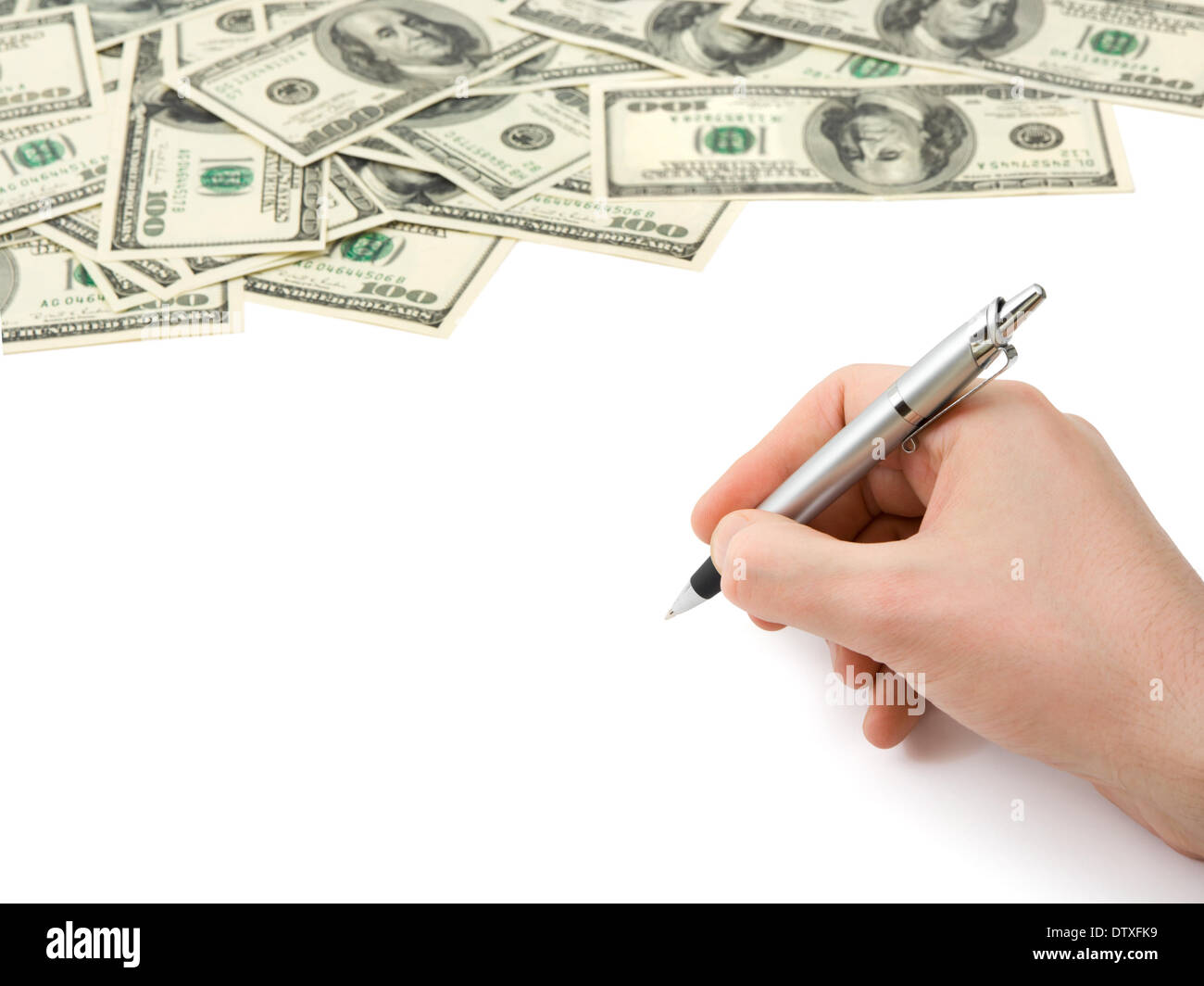 Hand with pen and money Stock Photo - Alamy