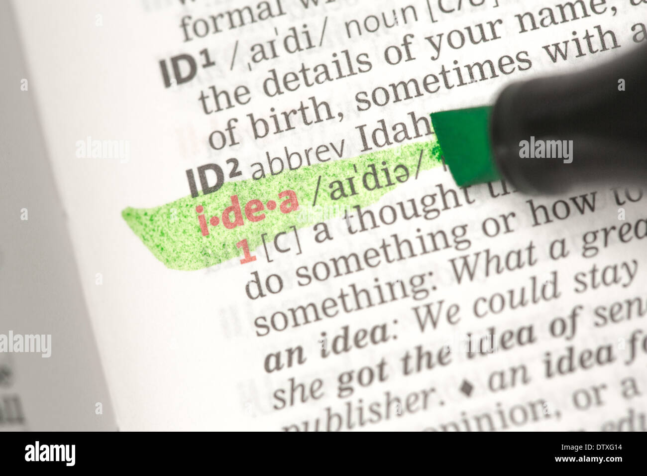 Idea definition highlighted in green Stock Photo - Alamy