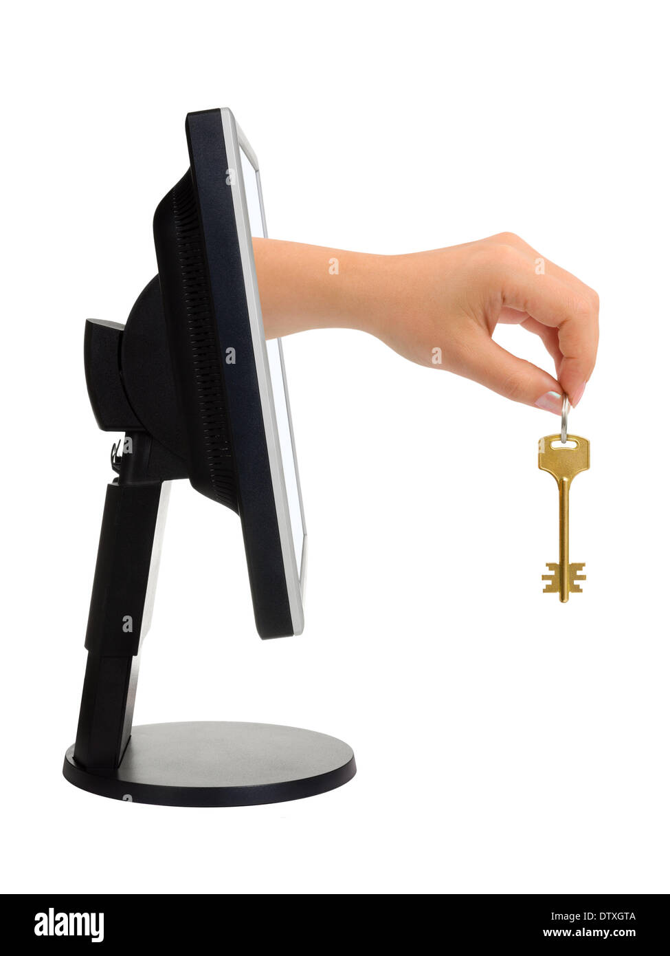 Computer screen and hand with key Stock Photo - Alamy