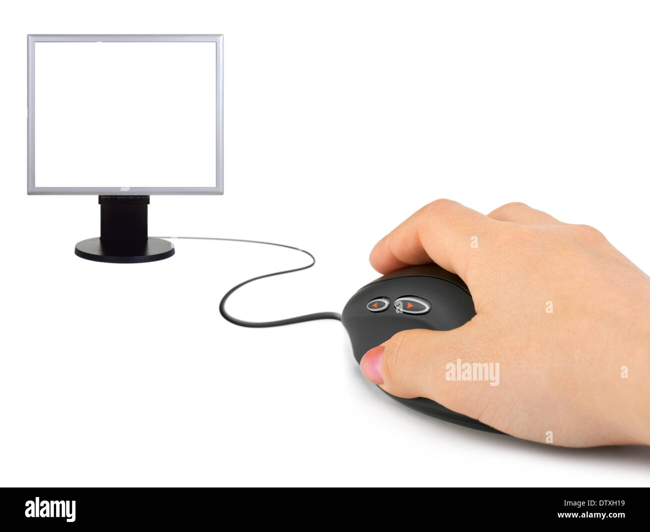 Hand with computer mouse and monitor Stock Photo - Alamy