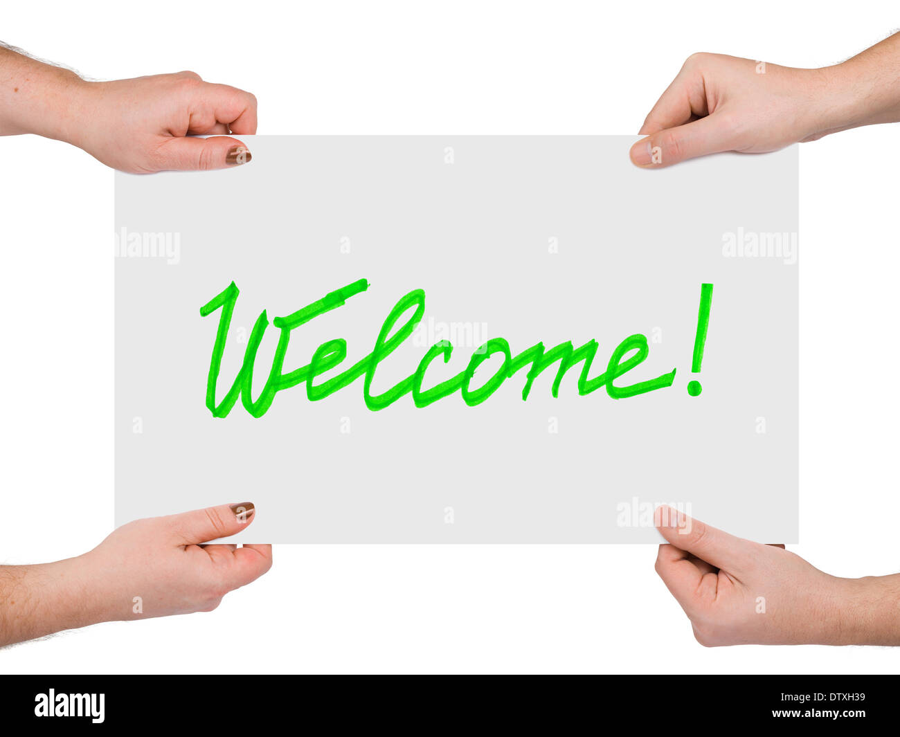 Hands and banner Welcome Stock Photo - Alamy