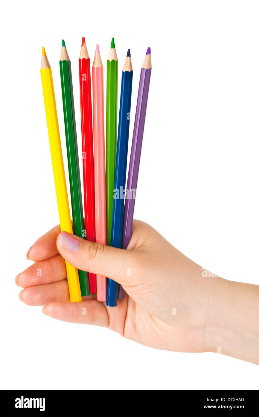 Woman showing color pencils hi-res stock photography and images - Alamy
