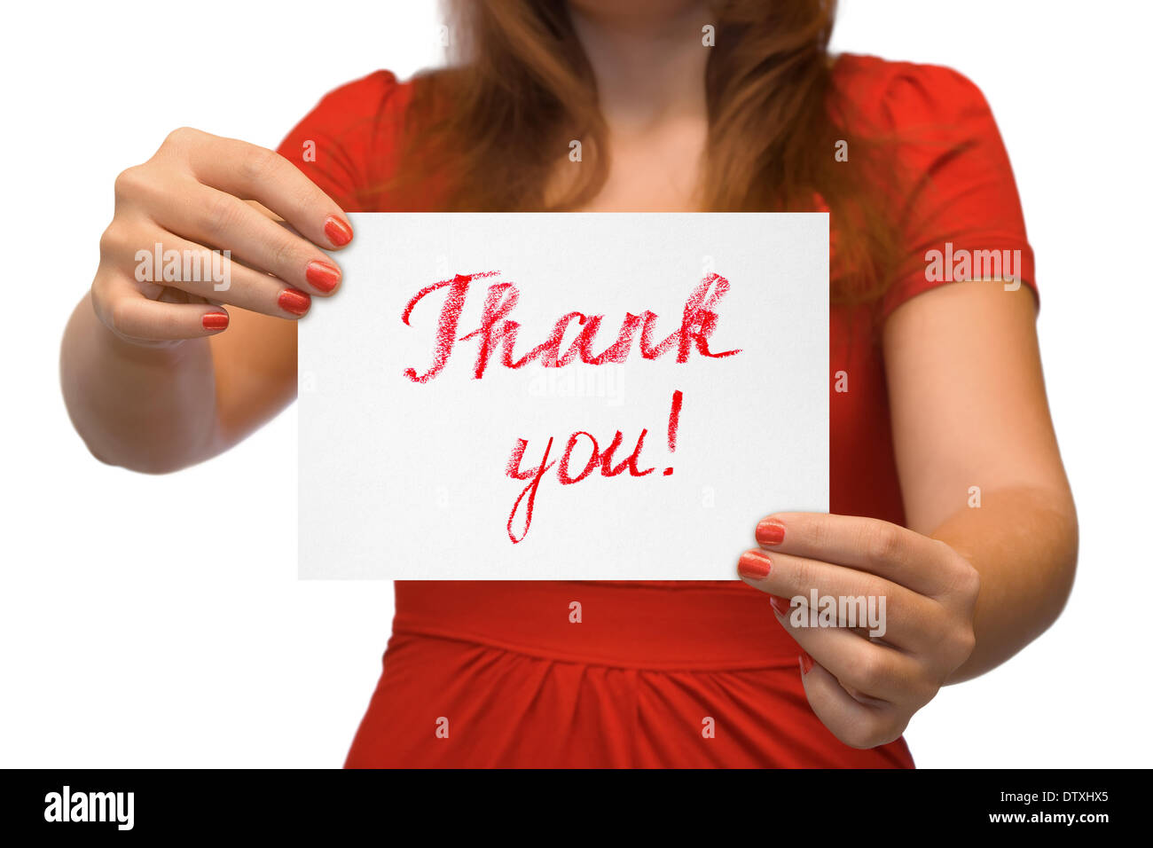 Woman with card Thank You Stock Photo - Alamy