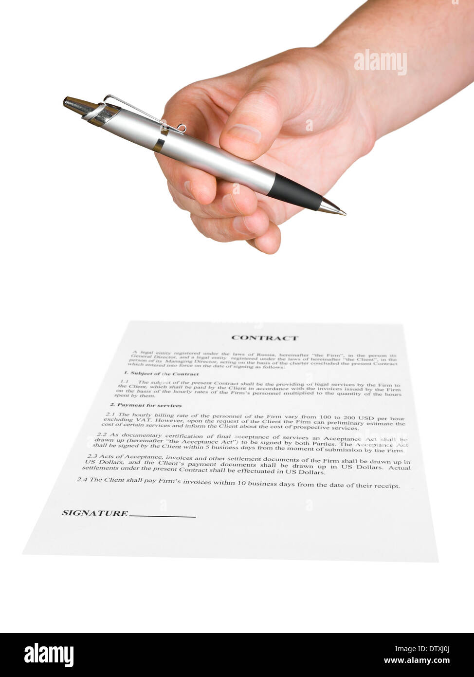 Hand giving pen and contract Stock Photo - Alamy
