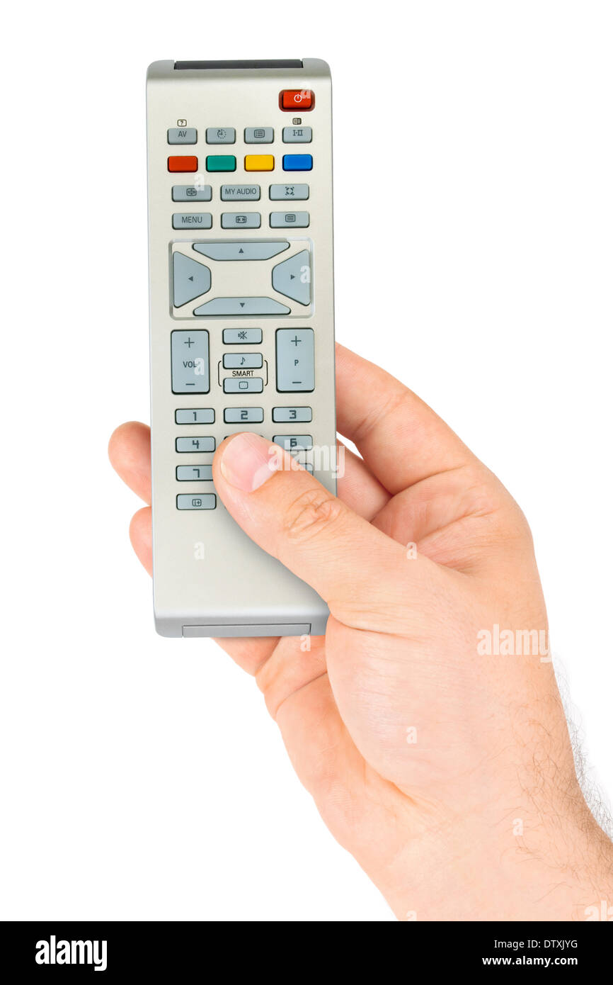 Hand holding tv remote Cut Out Stock Images & Pictures - Alamy