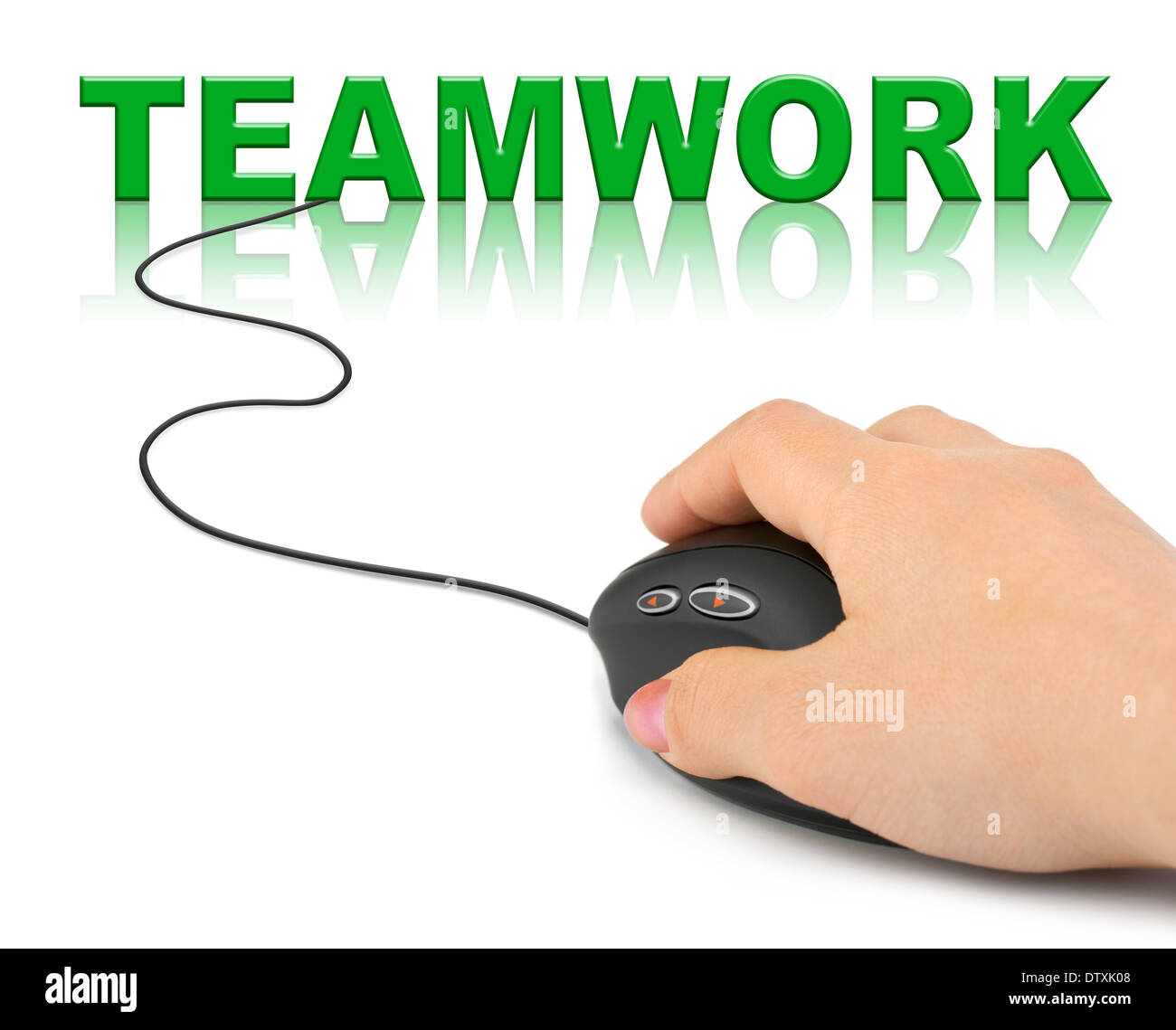 Hand with computer mouse and word Teamwork Stock Photo - Alamy