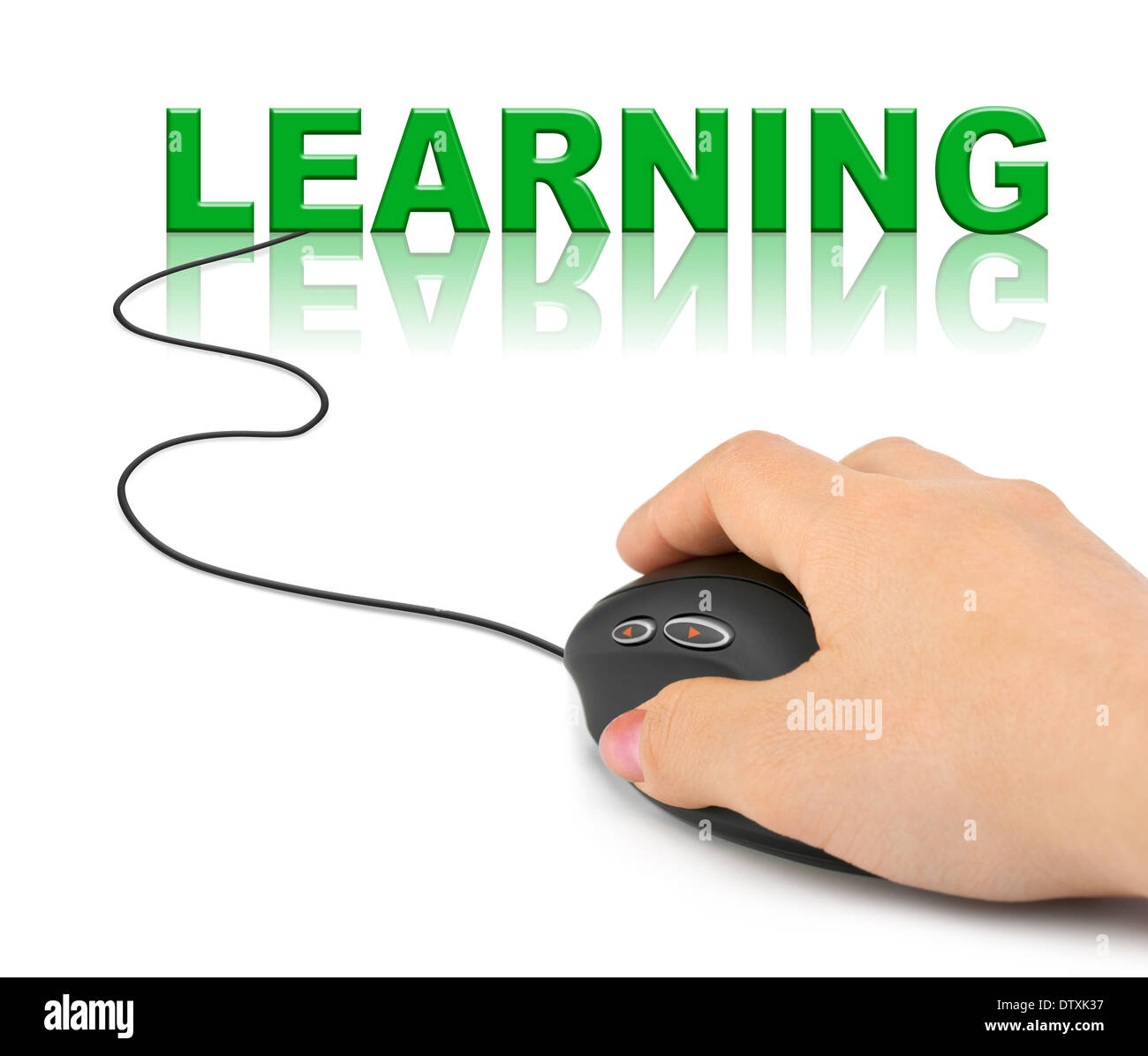 Hand with computer mouse and word Learning Stock Photo - Alamy