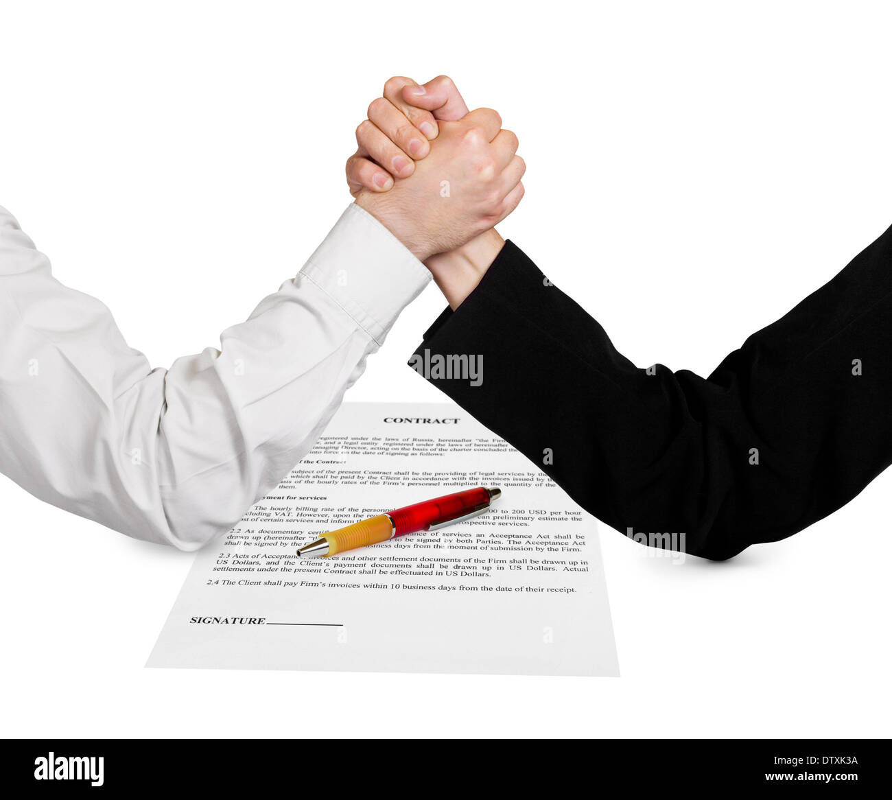 Two wrestling hands and contract Stock Photo - Alamy