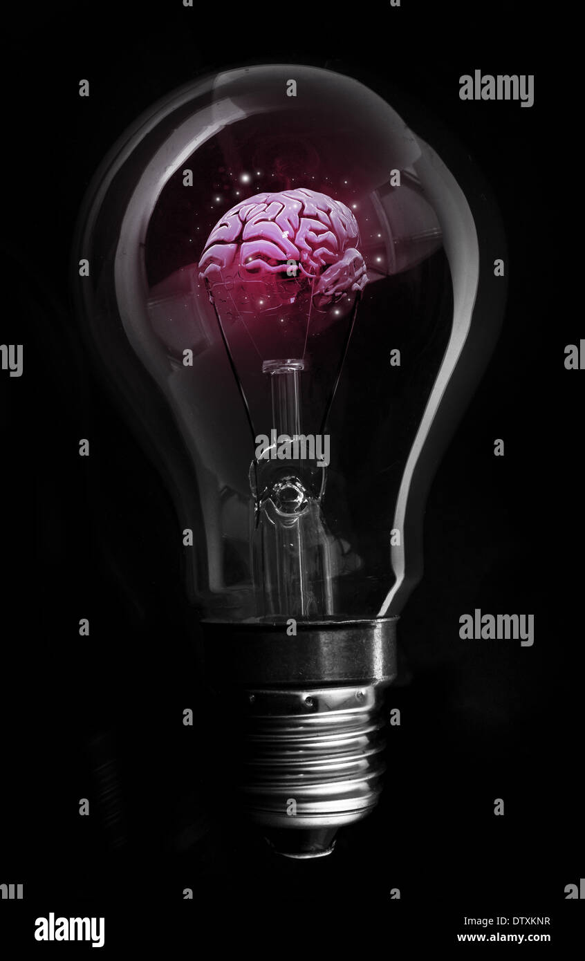 Pink brain inside light bulb Stock Photo - Alamy