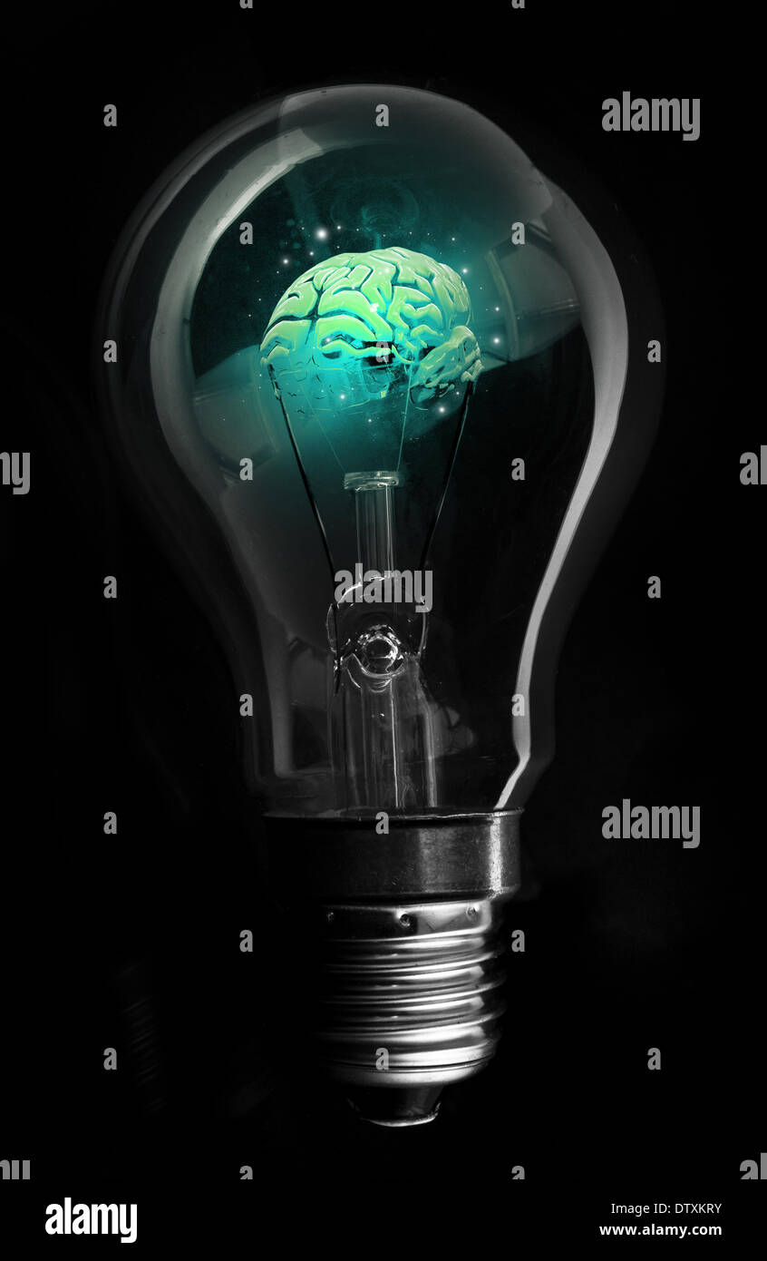 Blue brain inside light bulb Stock Photo - Alamy
