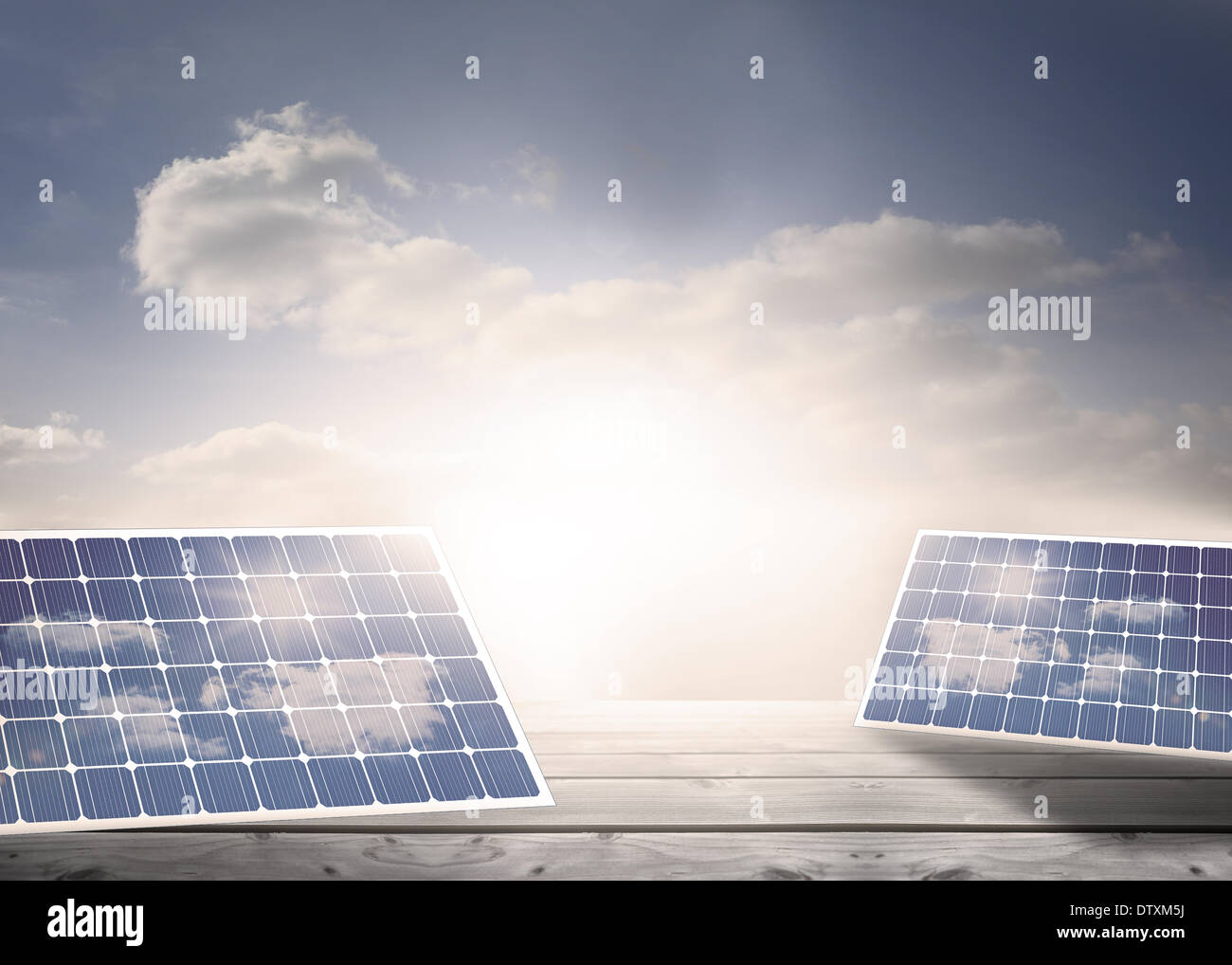 Solar panels on floorboards in the sky Stock Photo - Alamy