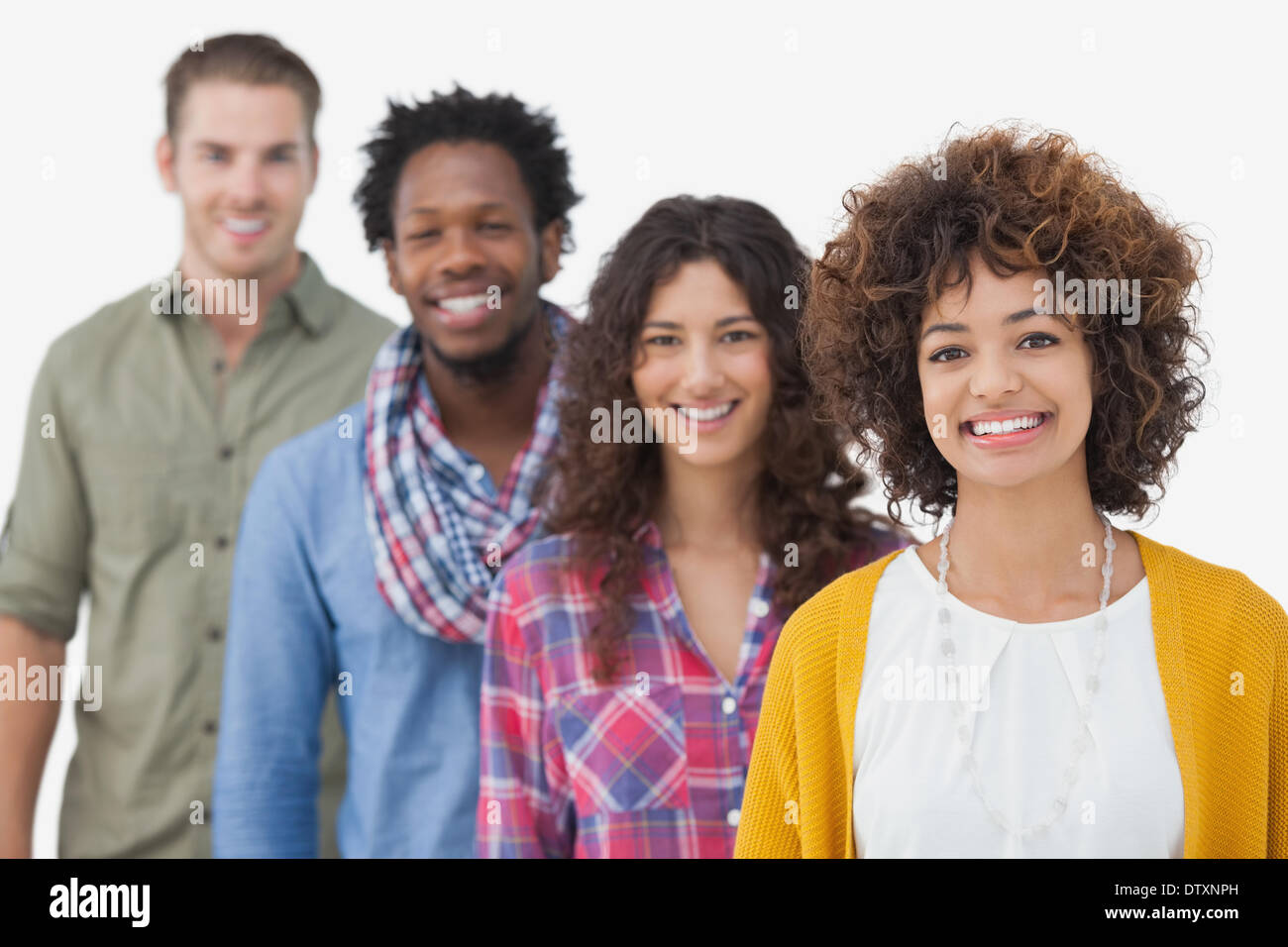 Stylish friends smiling camera hi-res stock photography and images - Alamy