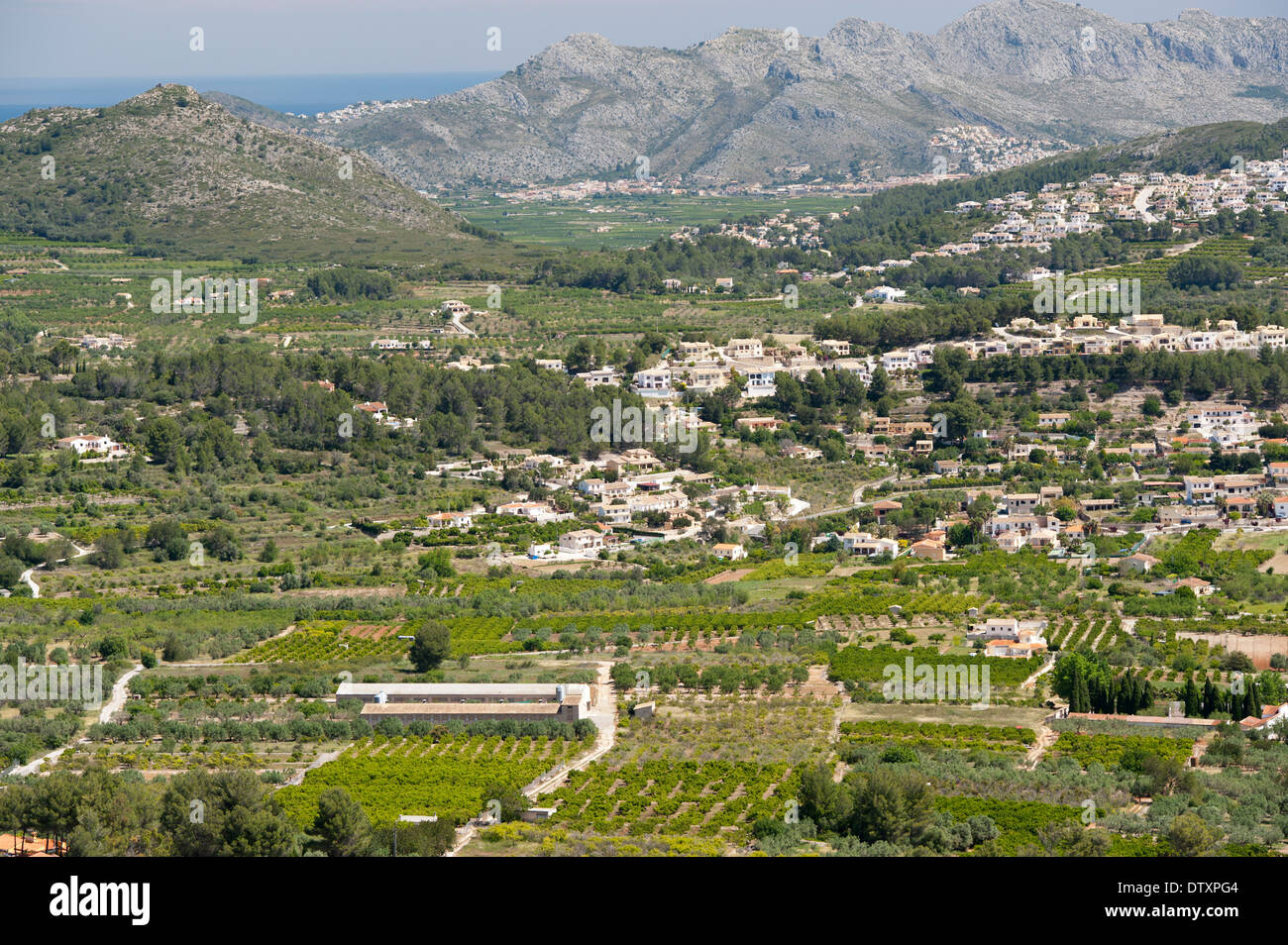 Looking over Spanish countryside from hills near Denia in the province ...