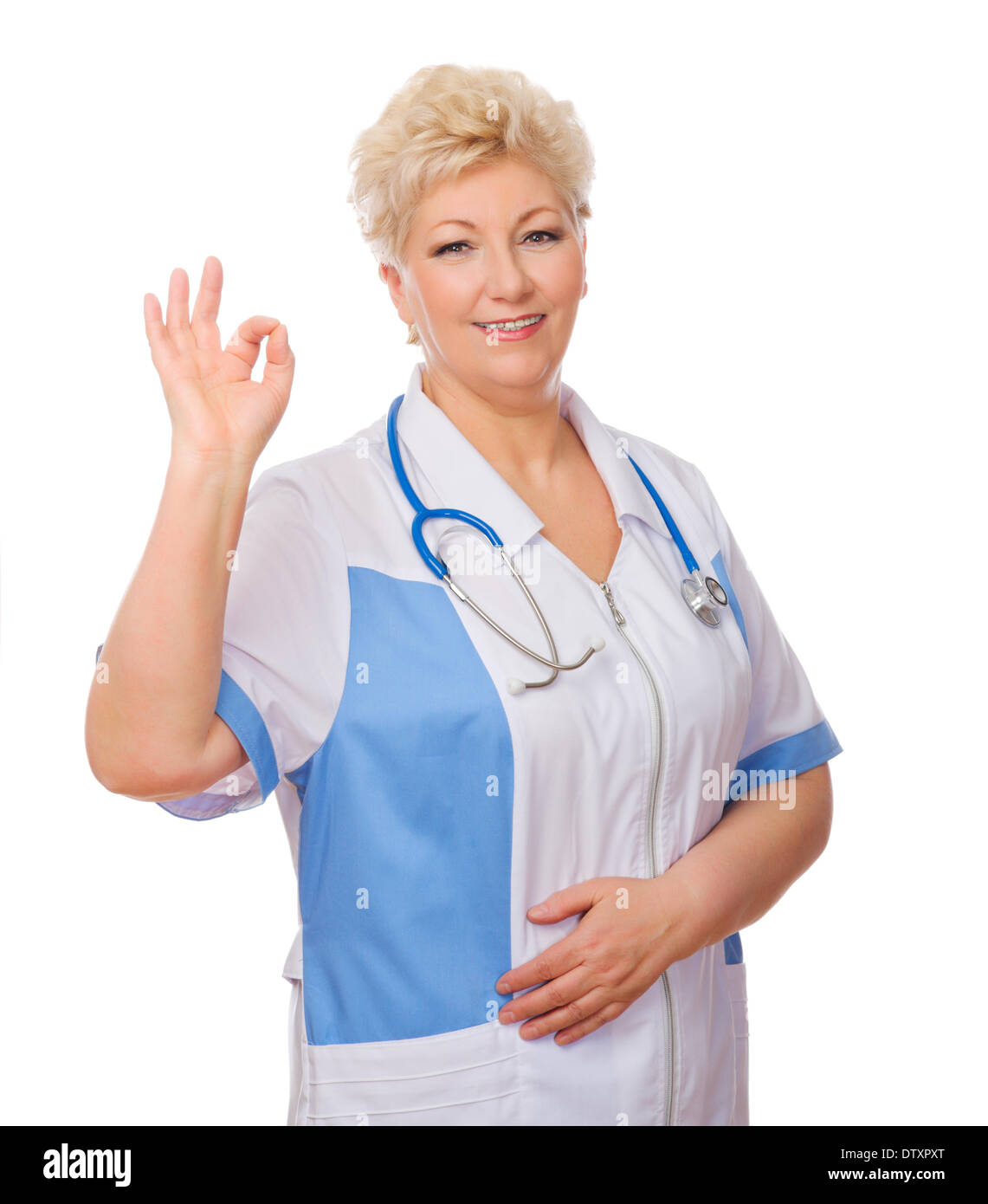 Mature doctor shows ok gesture isolated Stock Photo - Alamy