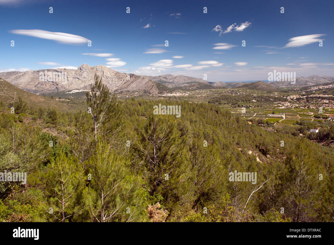 Looking over Spanish countryside from hills near Denia in the province ...
