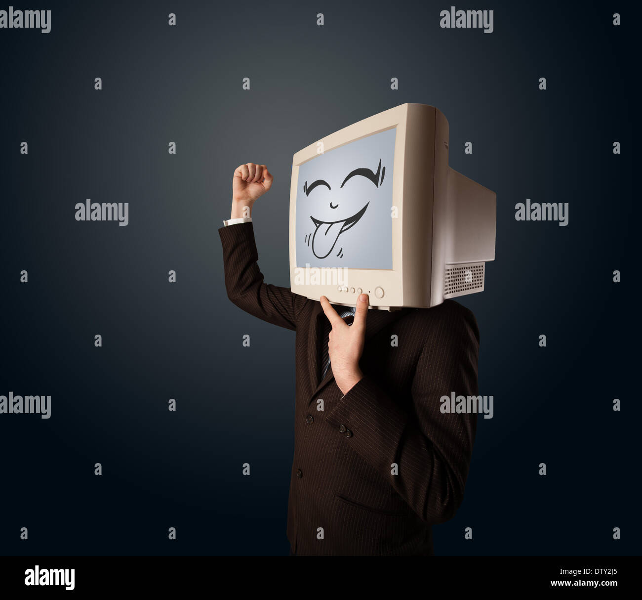 Happy business man with a computer monitor and a smiley face Stock ...