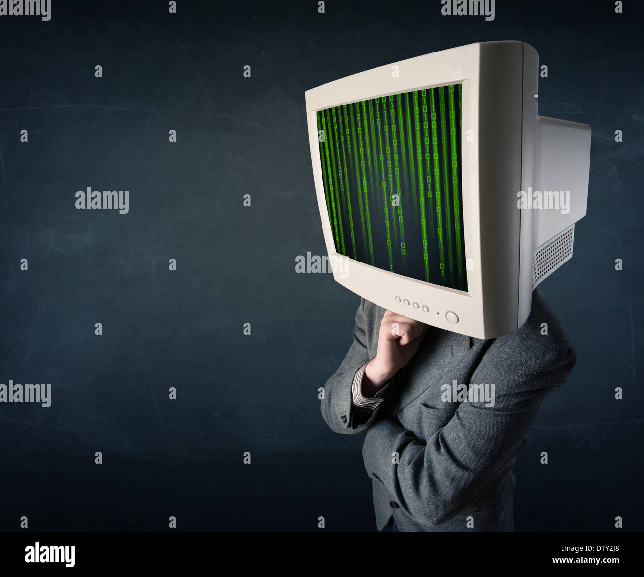 Cyber human with a monitor screen and computer code on the display ...