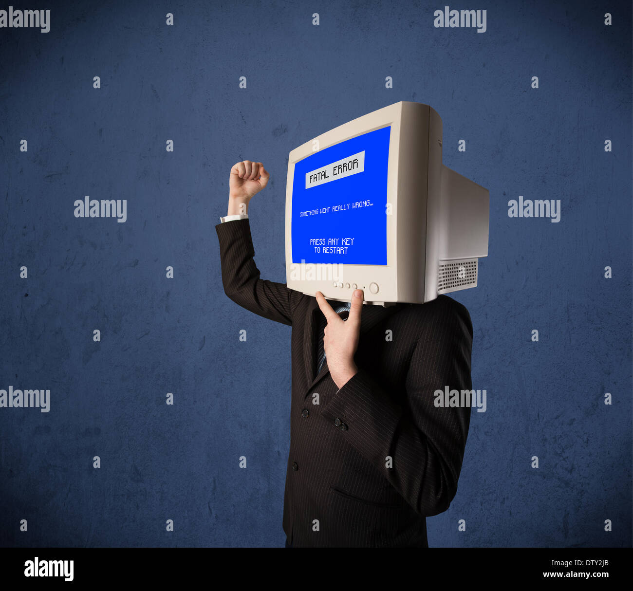 Person with a monitor head and fatal error blue screen on the display ...